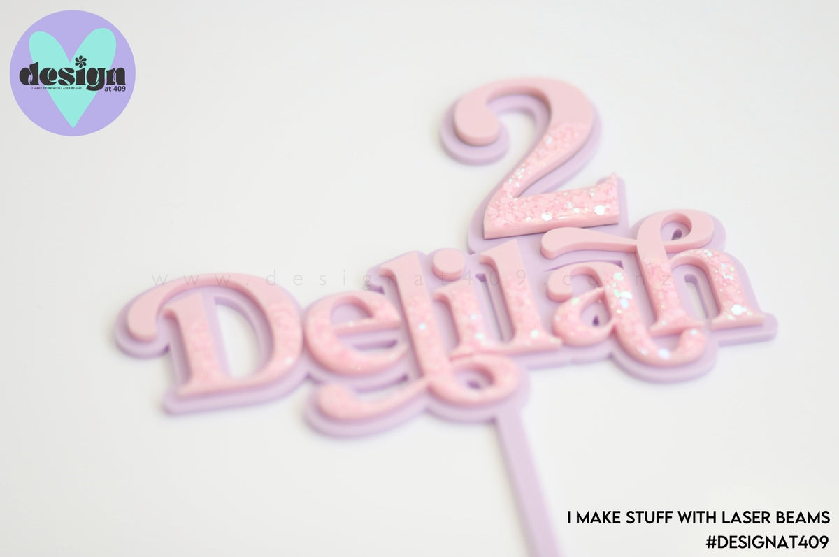 Custom Name & Age Glittered Layered Cake Topper – Design at 409