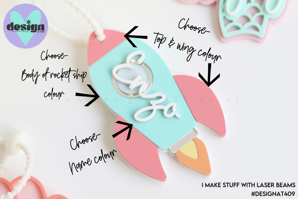 Custom Name Rocket Ship Layered Bag Tag – Design at 409